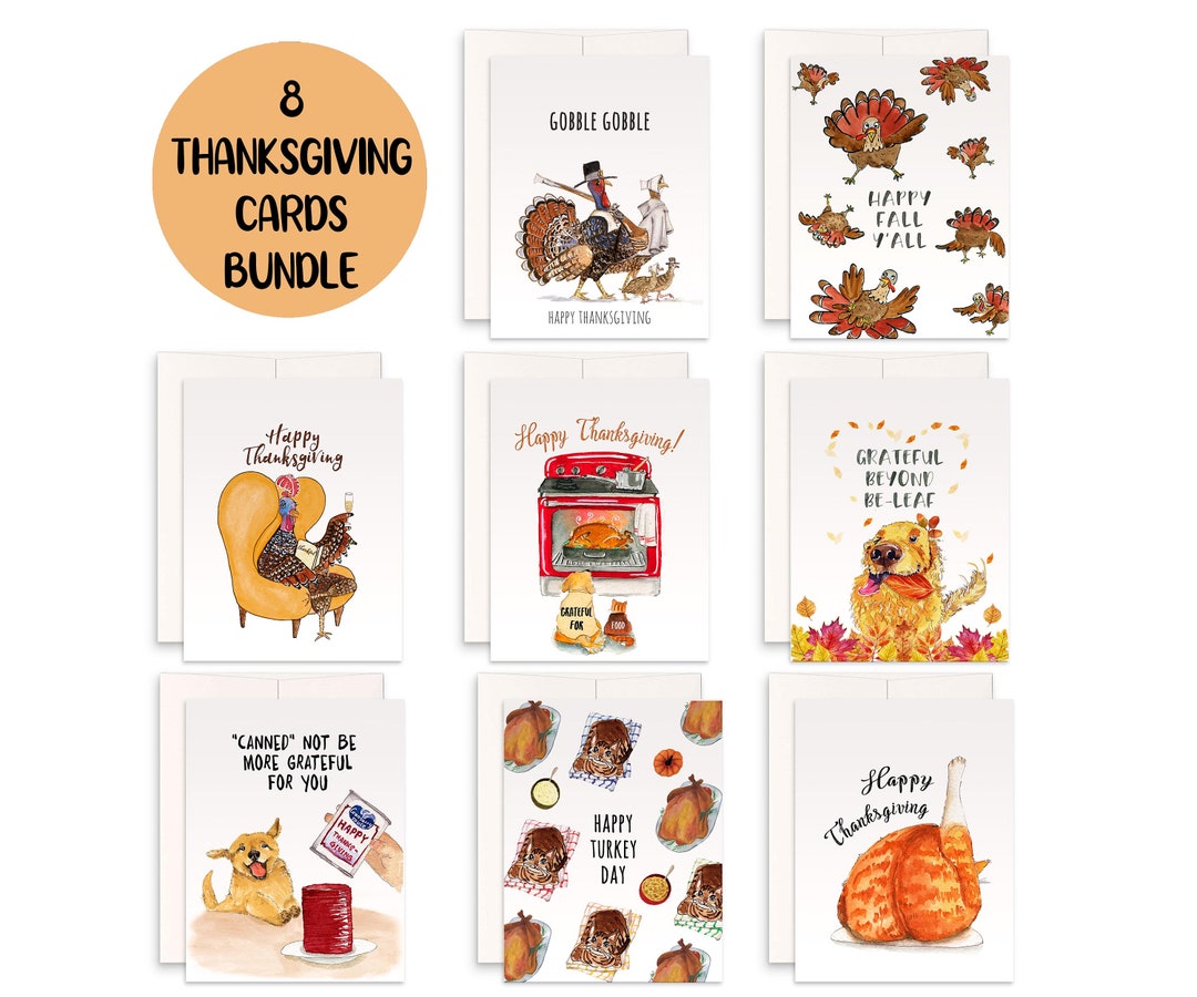 Funny Thanksgiving Cards Set - Turkey Dog Cat Holiday Cards for Friends ...