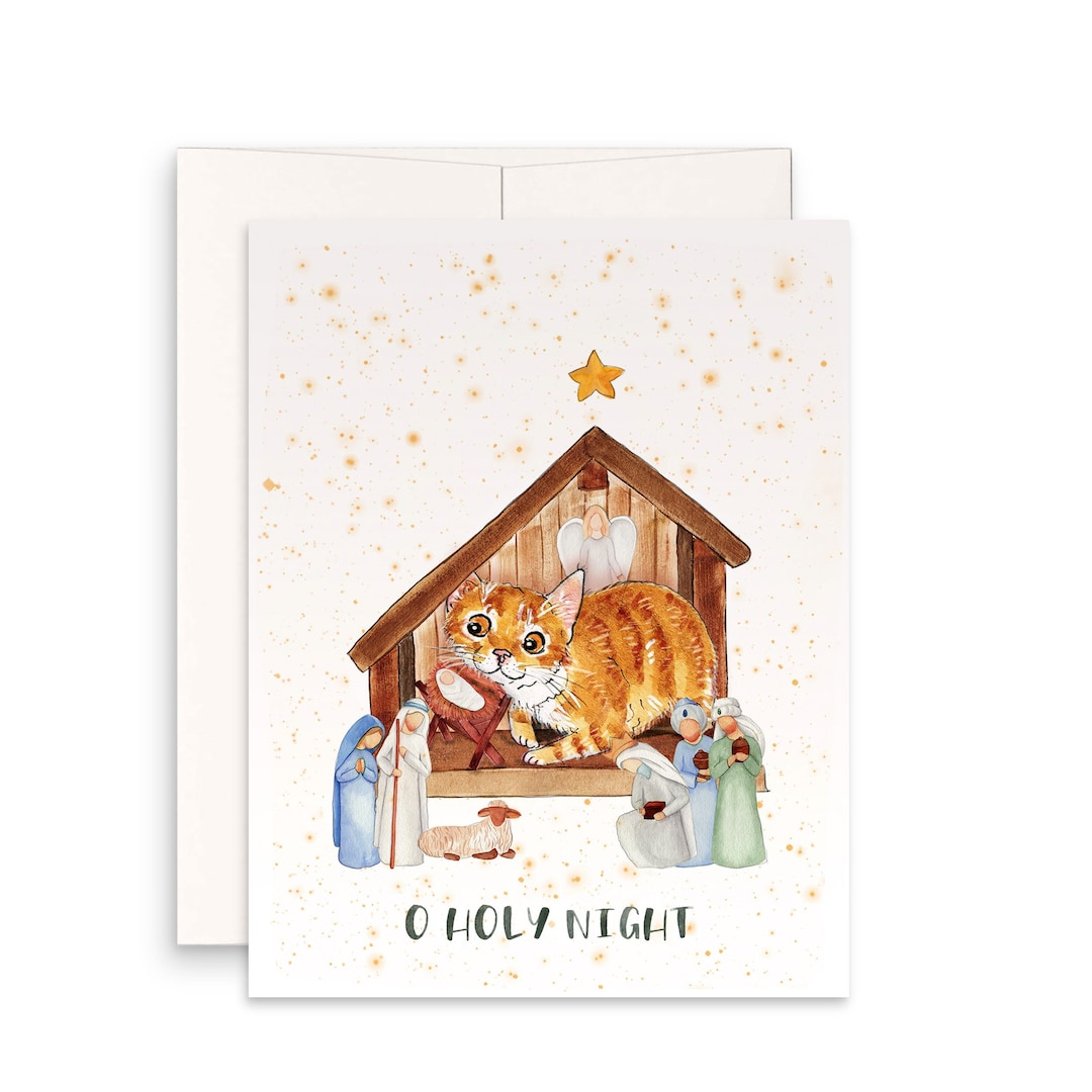O Holy Night Christmas Cards - Cat Nativity Scene Religious Card - Etsy