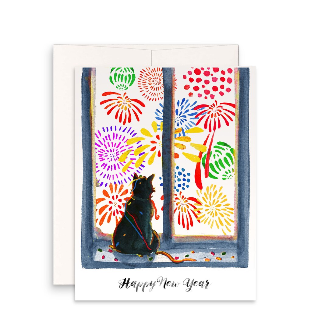 Happy New Year Cards 2025 - Black Cat New Year Eve Fireworks Gifts for ...