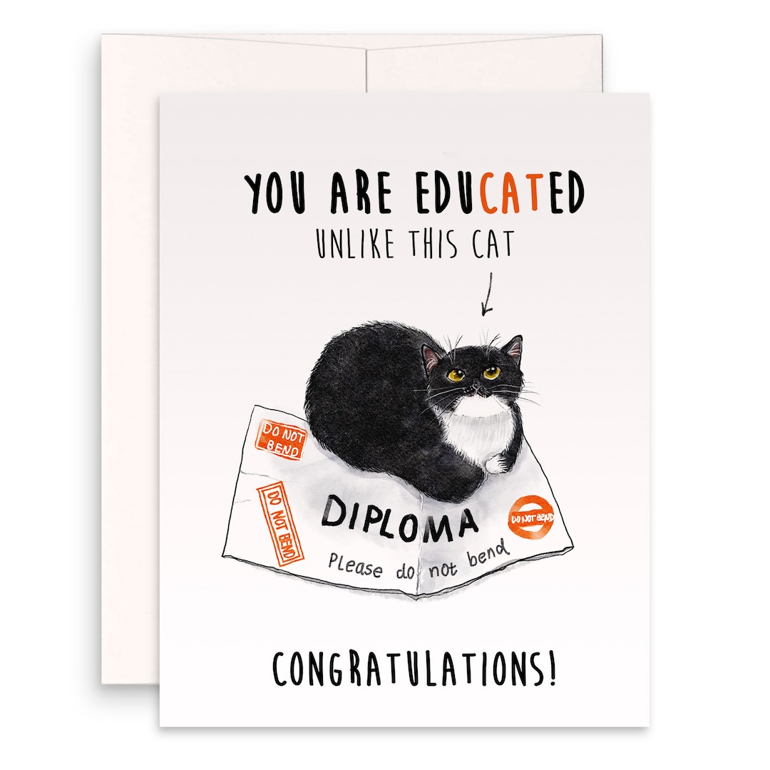 Cat Bent Diploma Funny Graduation Card 2025 - Texedo Cat Graduation ...