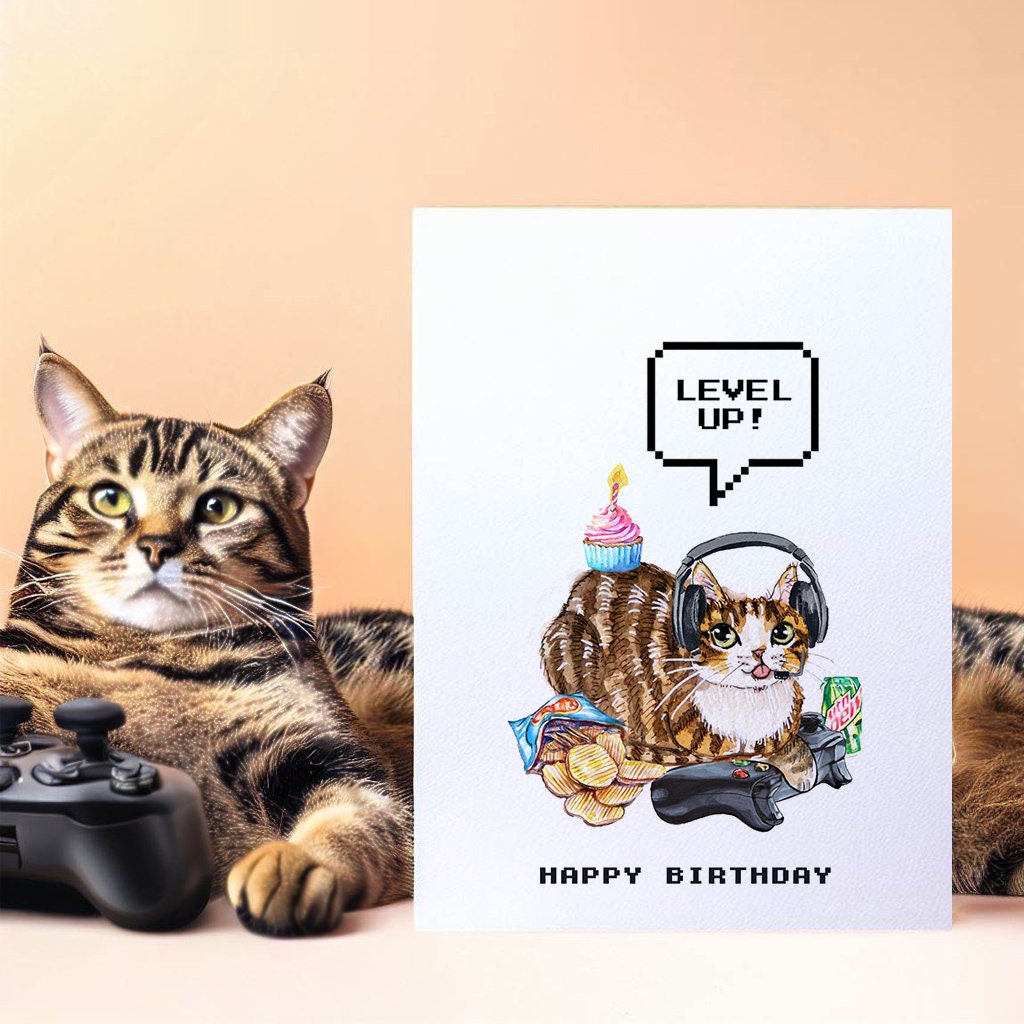 Cat Gamer Happy Birthday Cards for Boyfriend - Video Games Level Up - Etsy