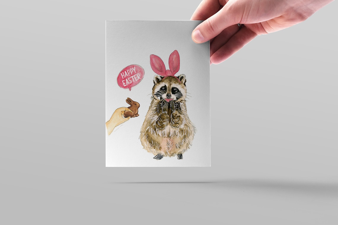 Raccoon Funny Easter Card Set Chocolate Bunny Gift | Etsy