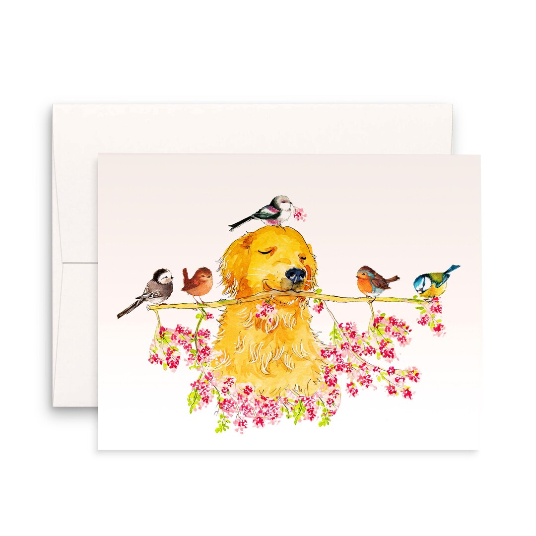 Spring Bird Floral Watercolor Cards Set - Golden Retriever Birds Blank ...