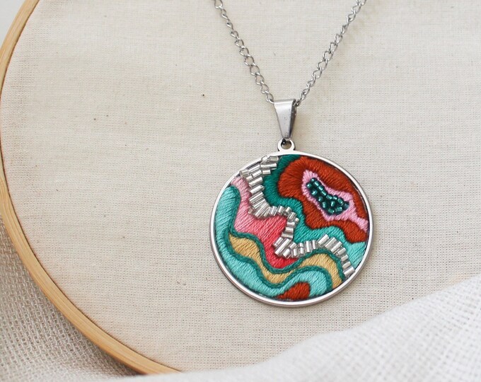 Handmade Colorful Embroidered Pendant Necklace, Stainless Steel Hand ...