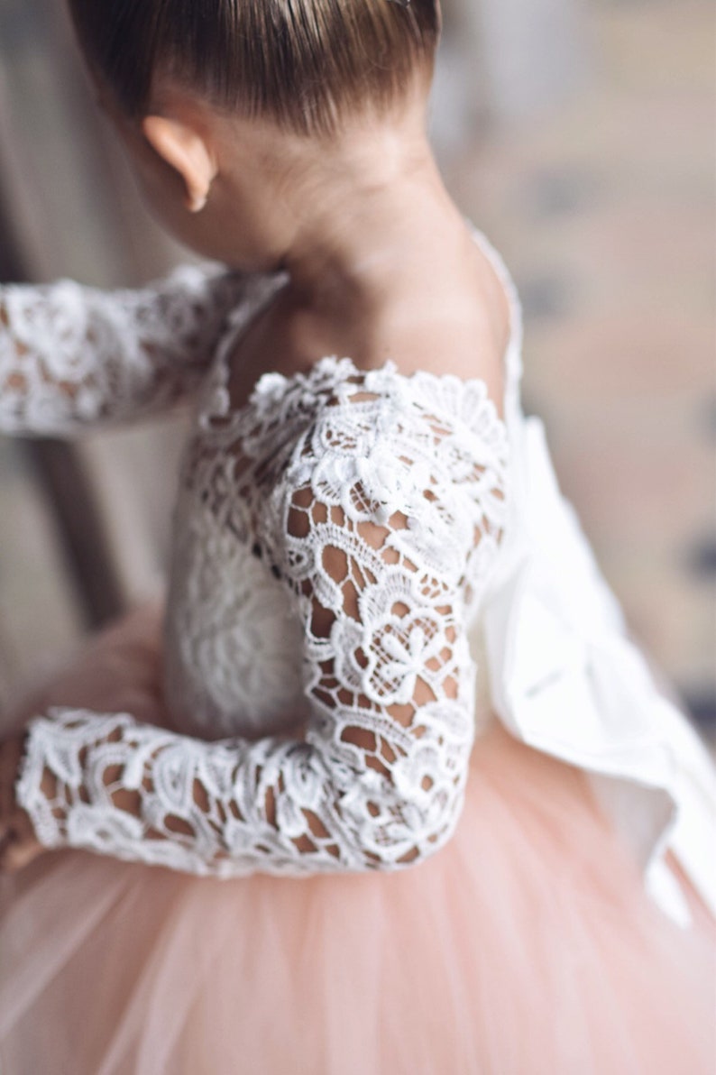 Lace Flower Girl Dress Long Sleeve Lace Satin And Tulle Etsy