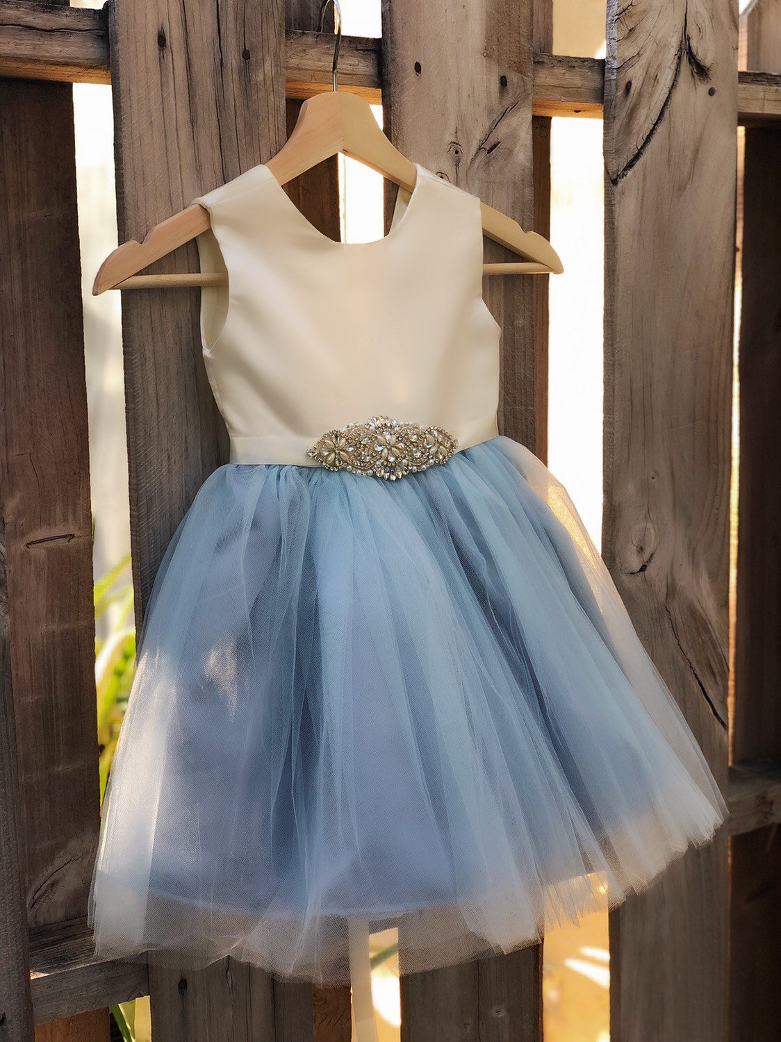 Dusty Blue Flower Girl Dress, Rhinestone Flower Girl Dresses, Sash ...