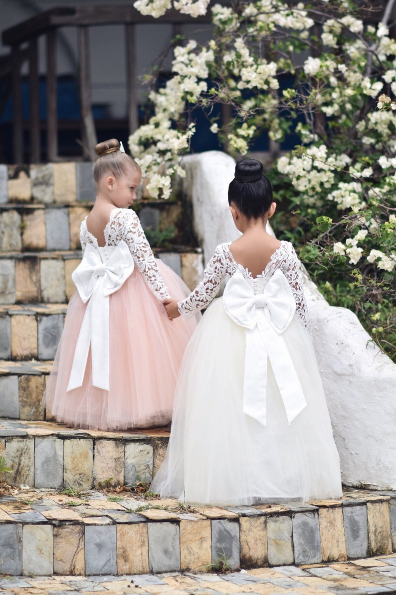 Lace Flower Girl Dress Long Sleeve Lace Satin And Tulle Etsy