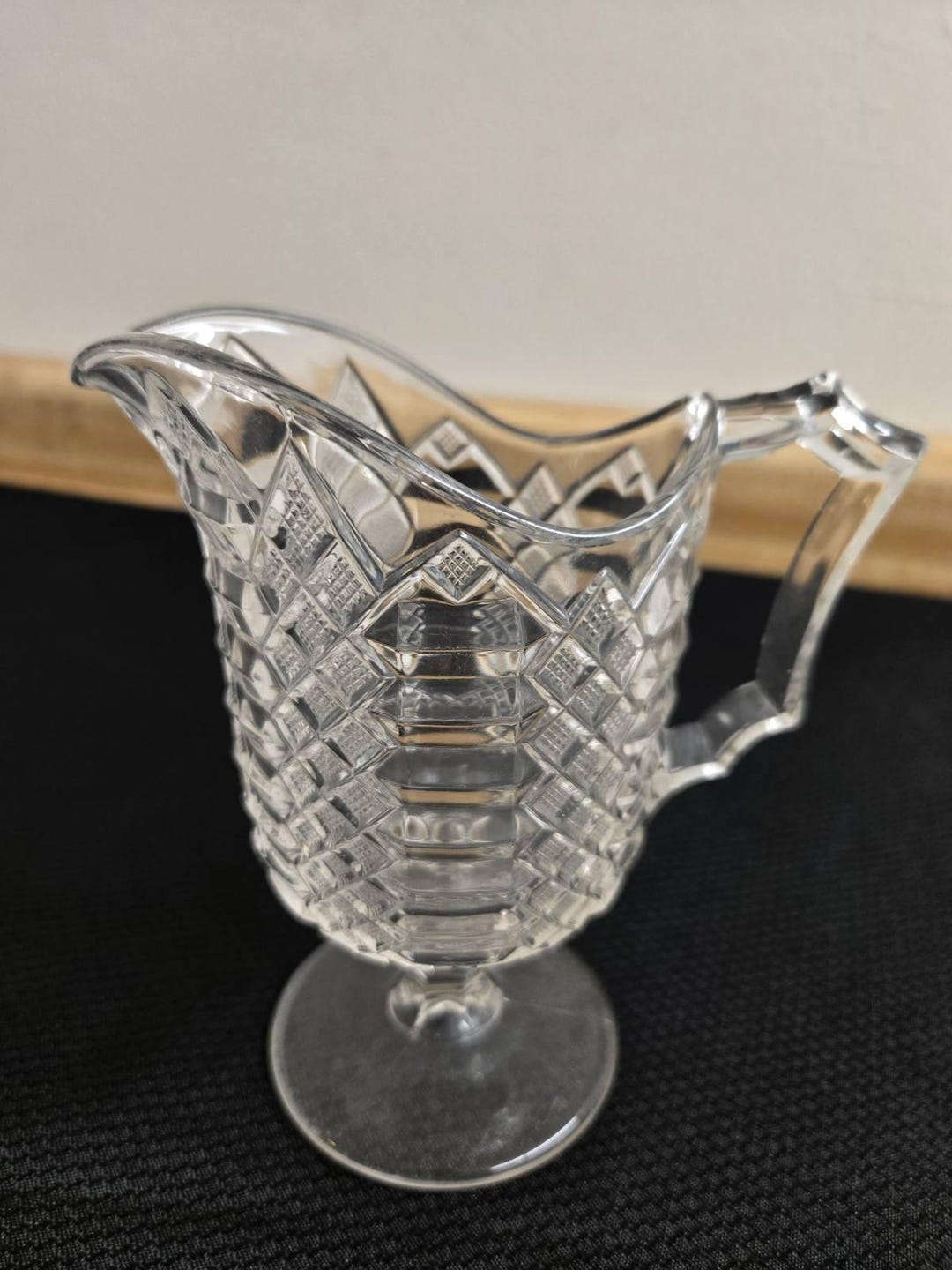 Pitcher: Vtg EAPG Clear Glass Footed, Diamond, Horizontal and Ribbed ...