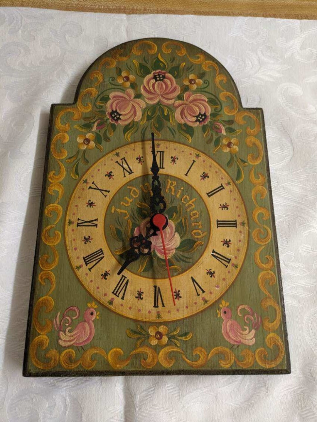 Vtg. Hand Painted Designed Quartz Movement Clock, Wood. Signed Judy ...