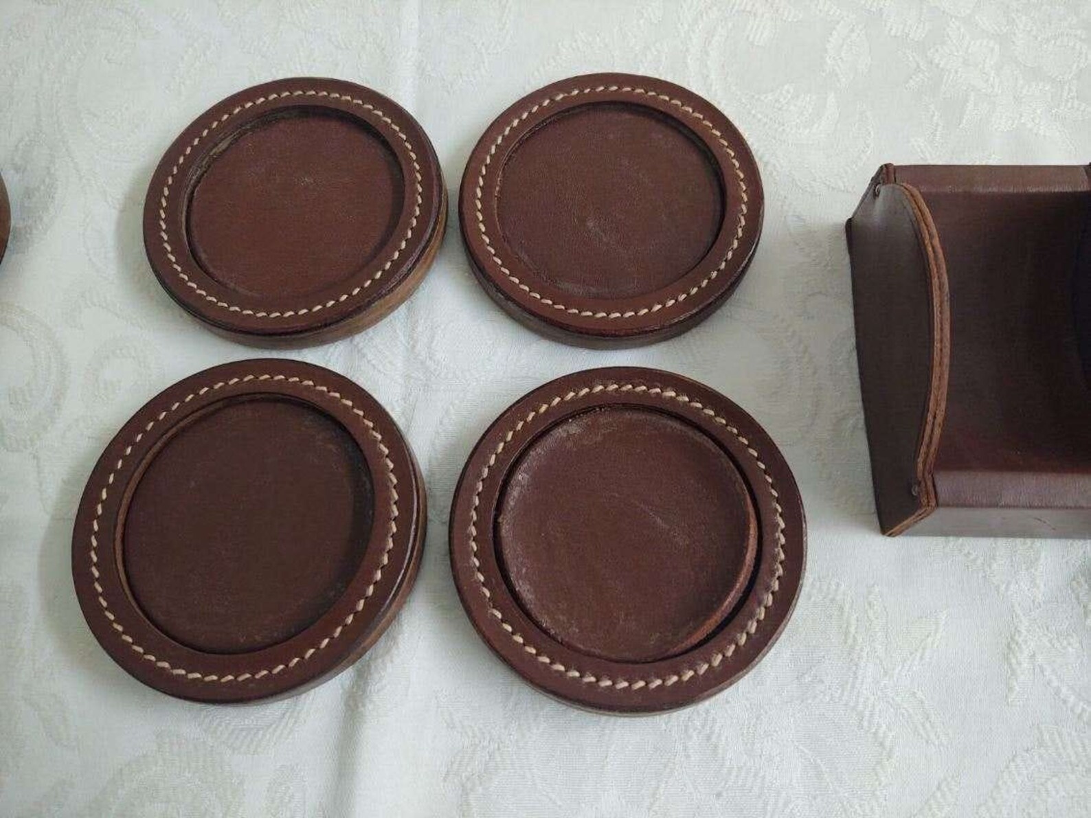Vtg. Leather Coaster Sets; 4 Each/caddy, Brown. - Etsy