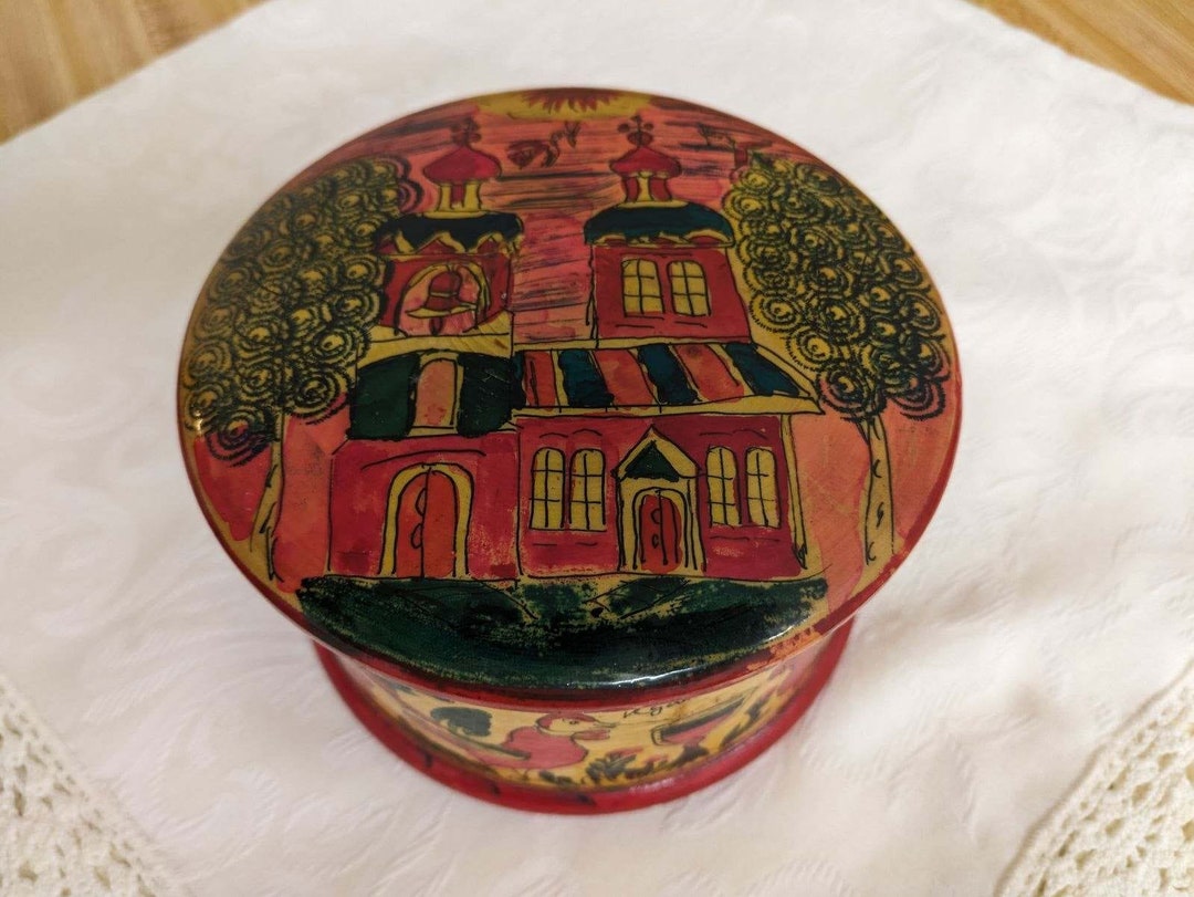 Vtg. Handpainted Wood Box; House/trees/animals, Etc... - Etsy