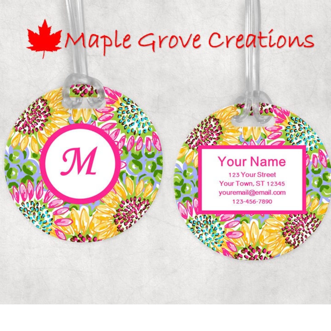 Round Floral Inspired Bag Tag - 4" Round Bag Tag - Custom Bag Tag ...