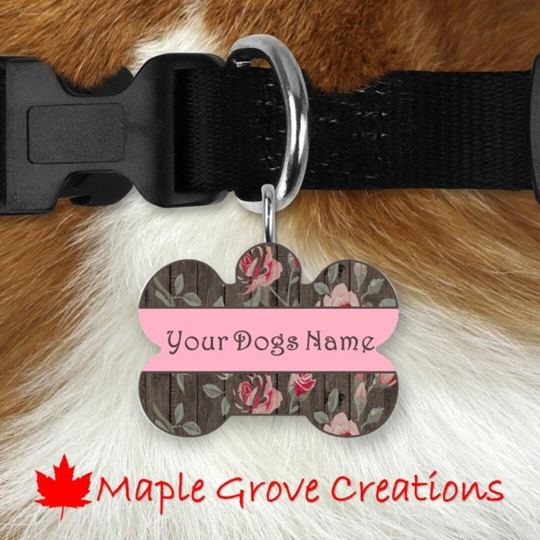 Pink Rose - Weathered Wood Pet Tag, Dog Bone Shaped, 2 Sided Aluminum ...