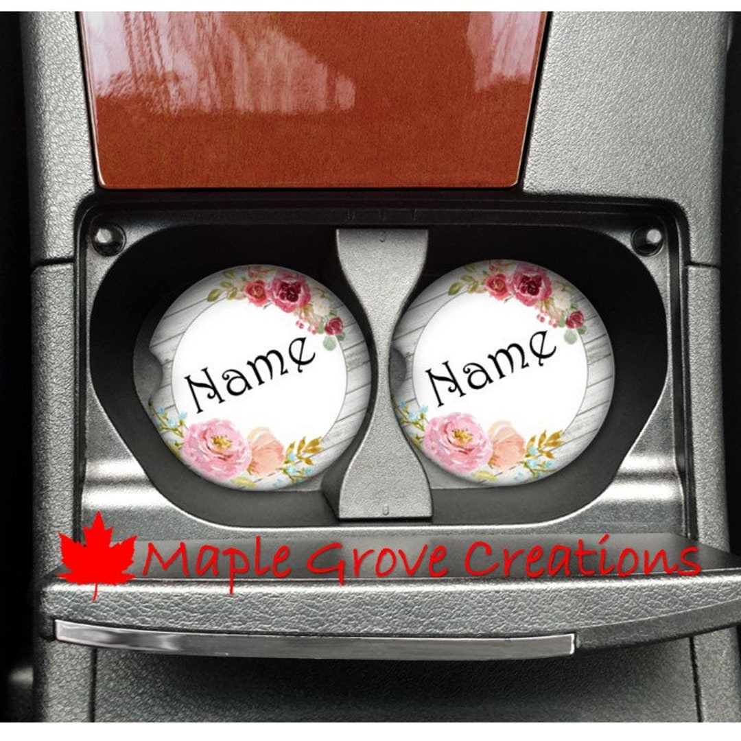Set of 2 Personalized With Your Name Floral Weathered Wood Car Coasters ...
