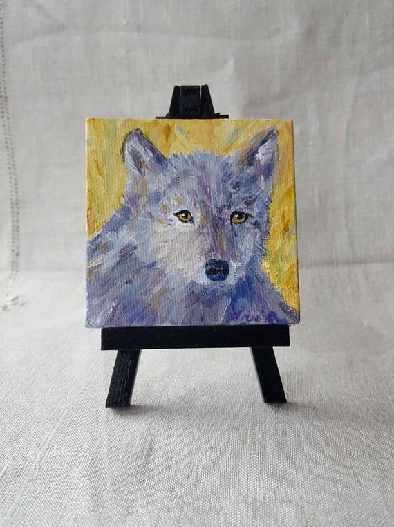 Gray Wolf Miniature Painting on Canvas Wildlife Paintings - Etsy