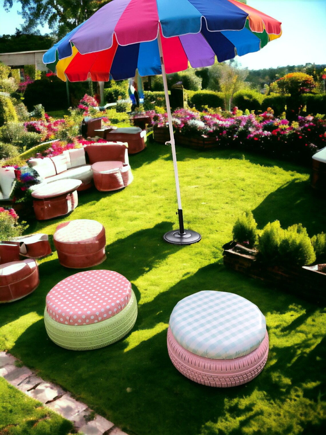 Colourful Tyre Seats | Tyre Tables | Reclaimed Garden Furniture | THE ...