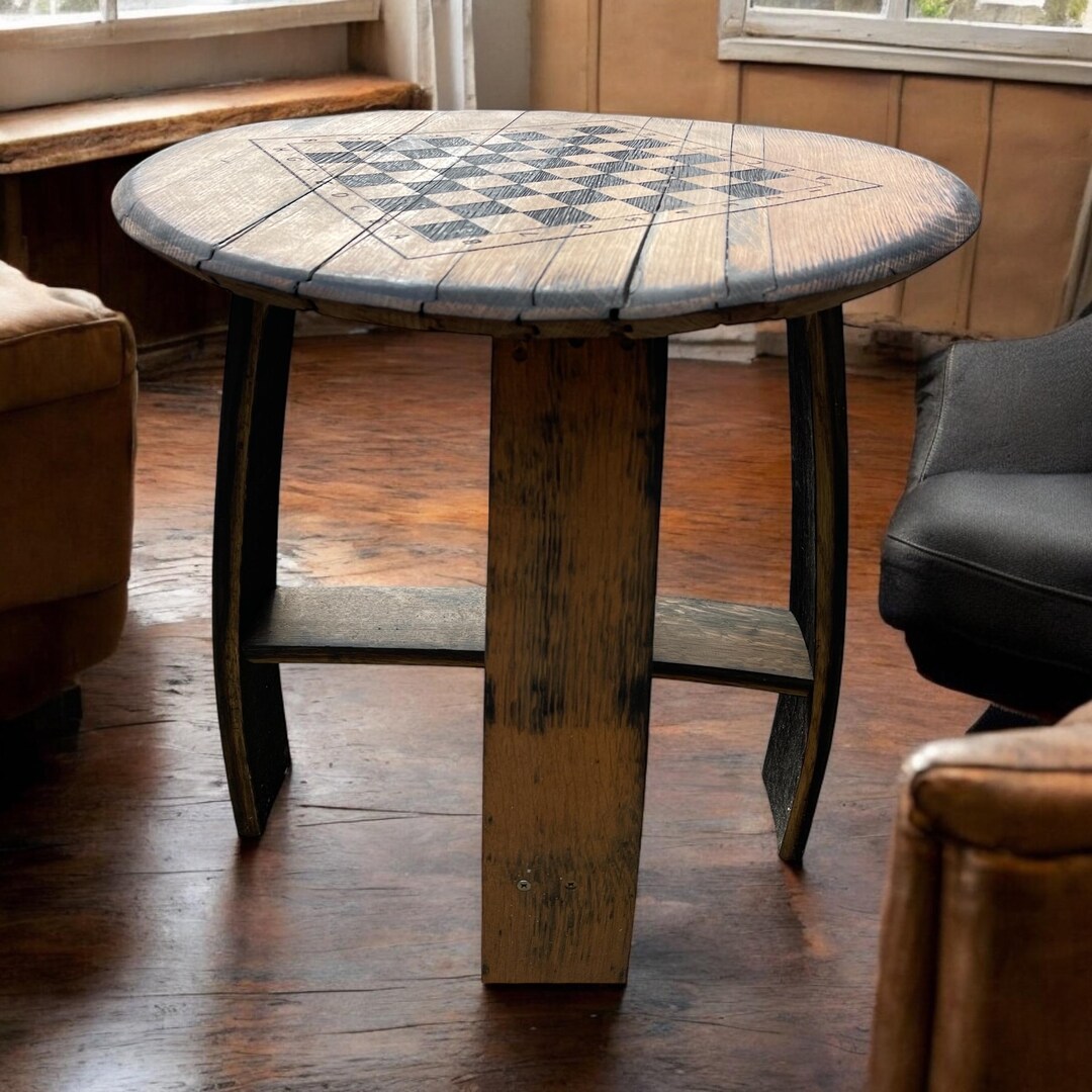 Reclaimed Whiskey Barrel Chess Coffee Table: Rustic Handmade Game Table ...