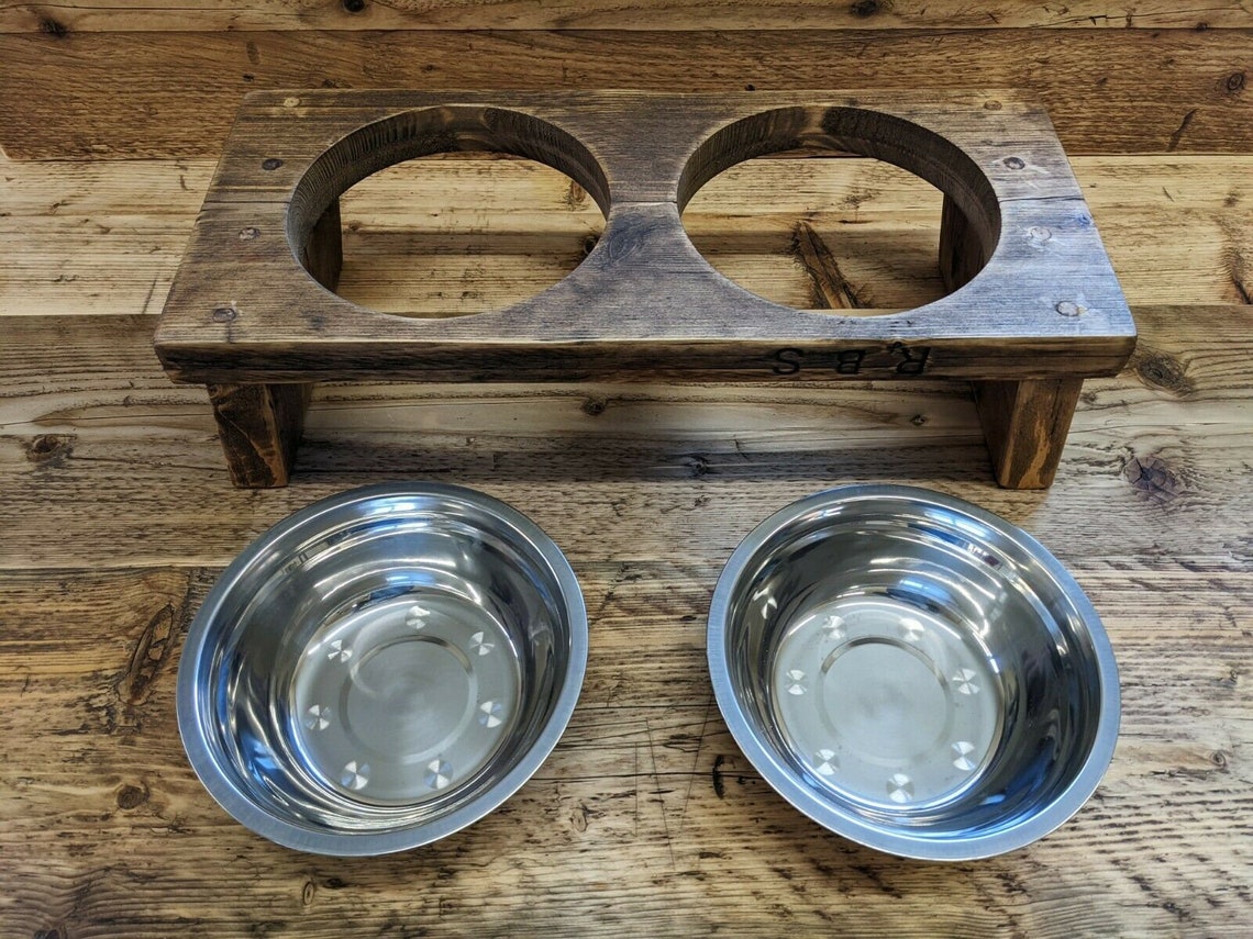 Wooden Dog Bowl Stand Rustic Pet Feeder Reclaimed Cat - Etsy