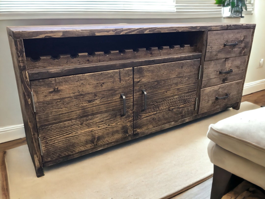 Reclaimed Wood Sideboard With Wine Rack | Rustic Living Room Cabinet ...