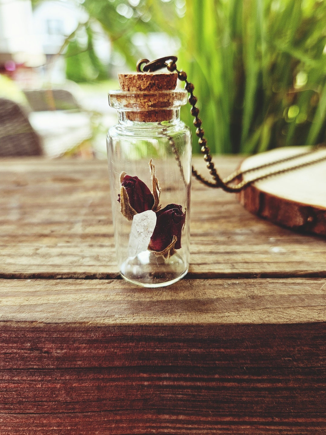 Mini Bottle Necklace With Dried Roses and Crystal Quartz, Botanical ...