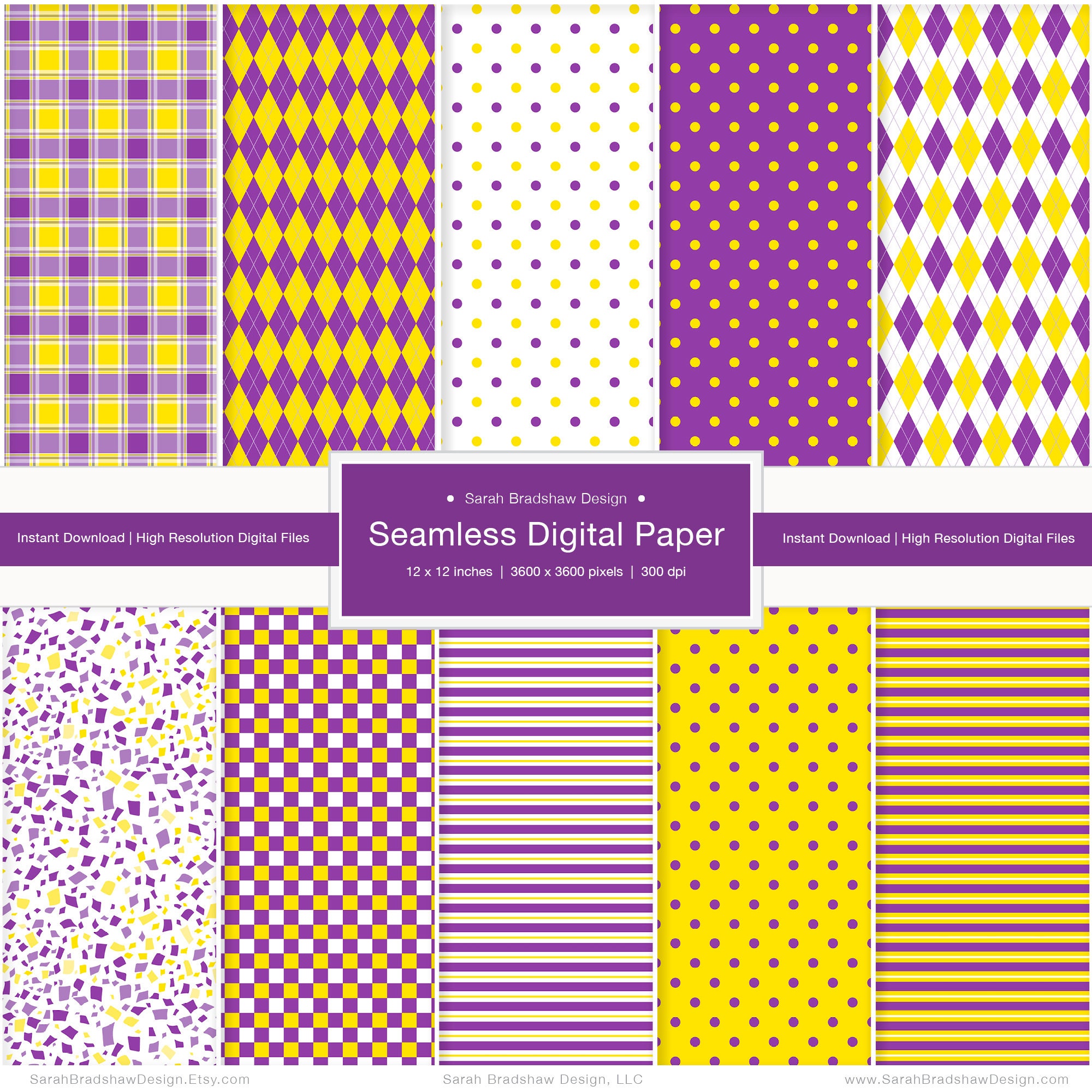 Seamless Digital Paper. Digital Pattern. Purple and Yellow. Preppy ...