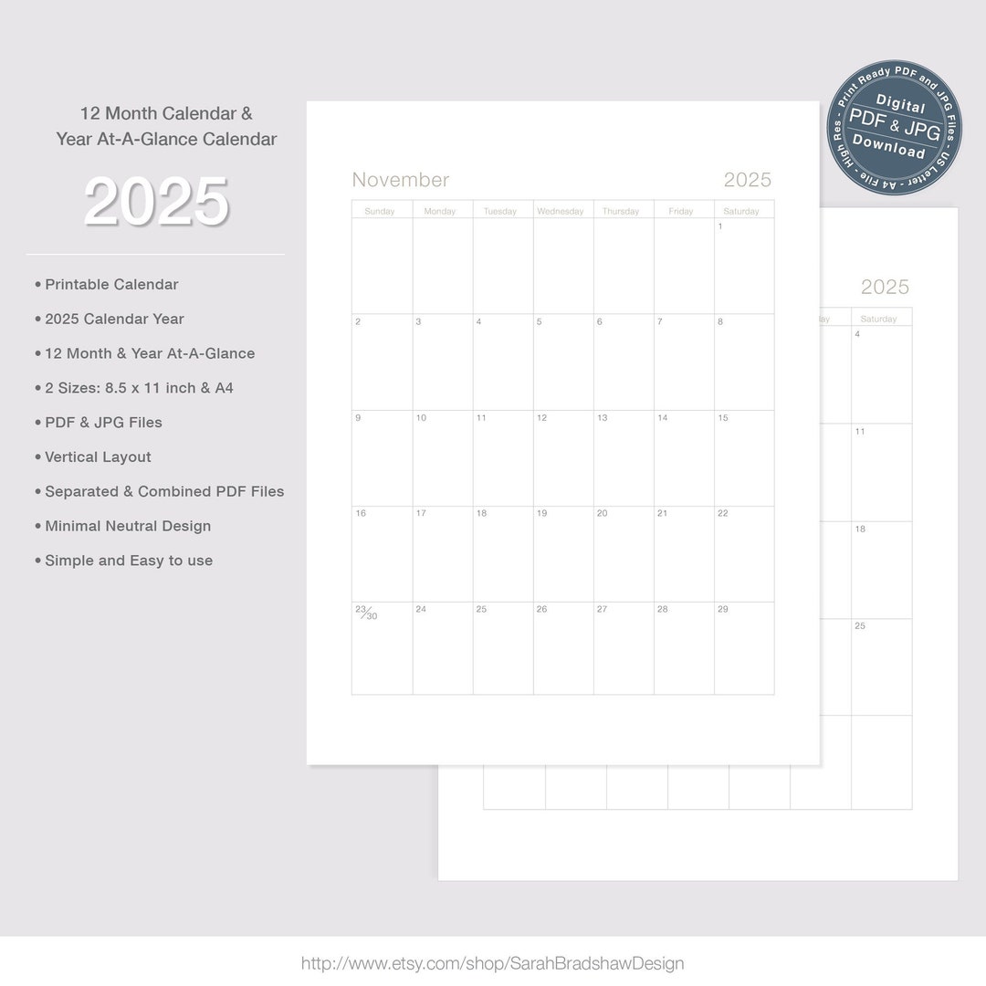 2025 - 12 Month Calendar and Year At-a-glance Calendar. Annual Calendar ...