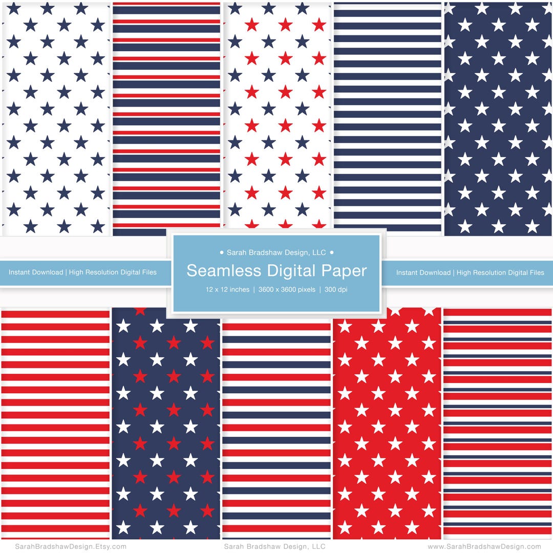 Stars and Stripes Digital Paper. Seamless Digital Paper. Red White and ...