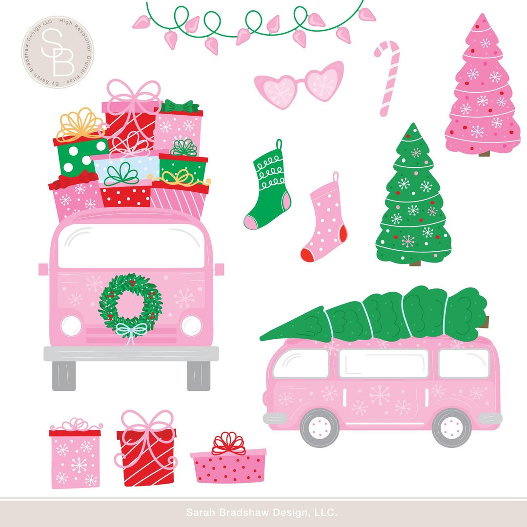 Retro Christmas Clip Art. Vintage Christmas Clip Art. Pink Christmas ...