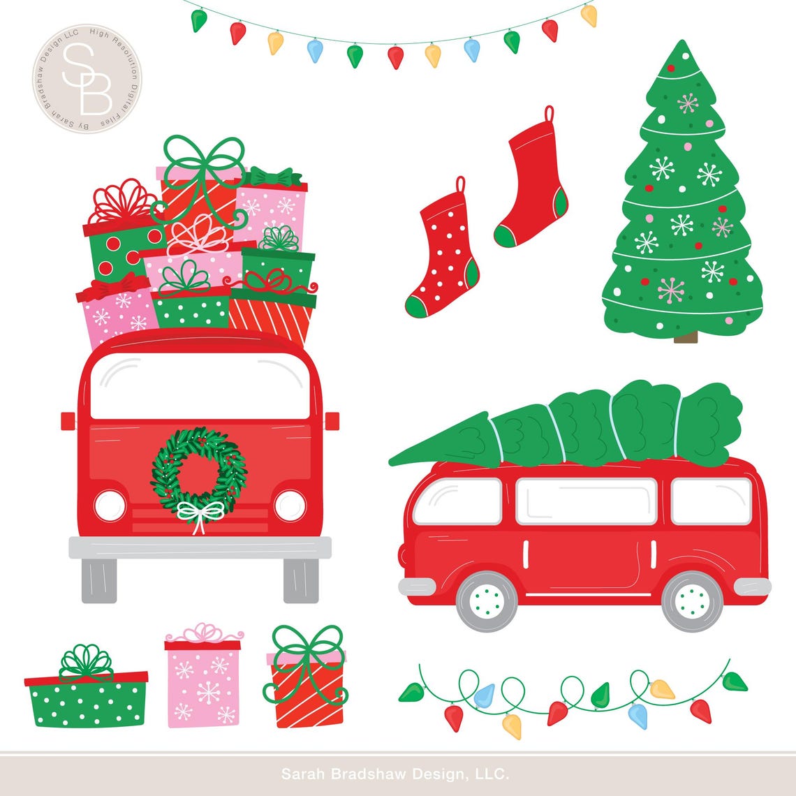 Retro Christmas Clipart Set: Camper Van, Tree, Gifts (PNG, JPG ...