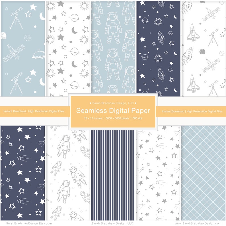 Space Exploration Digital Paper Set. Seamless Pattern. Astronaut. Solar ...