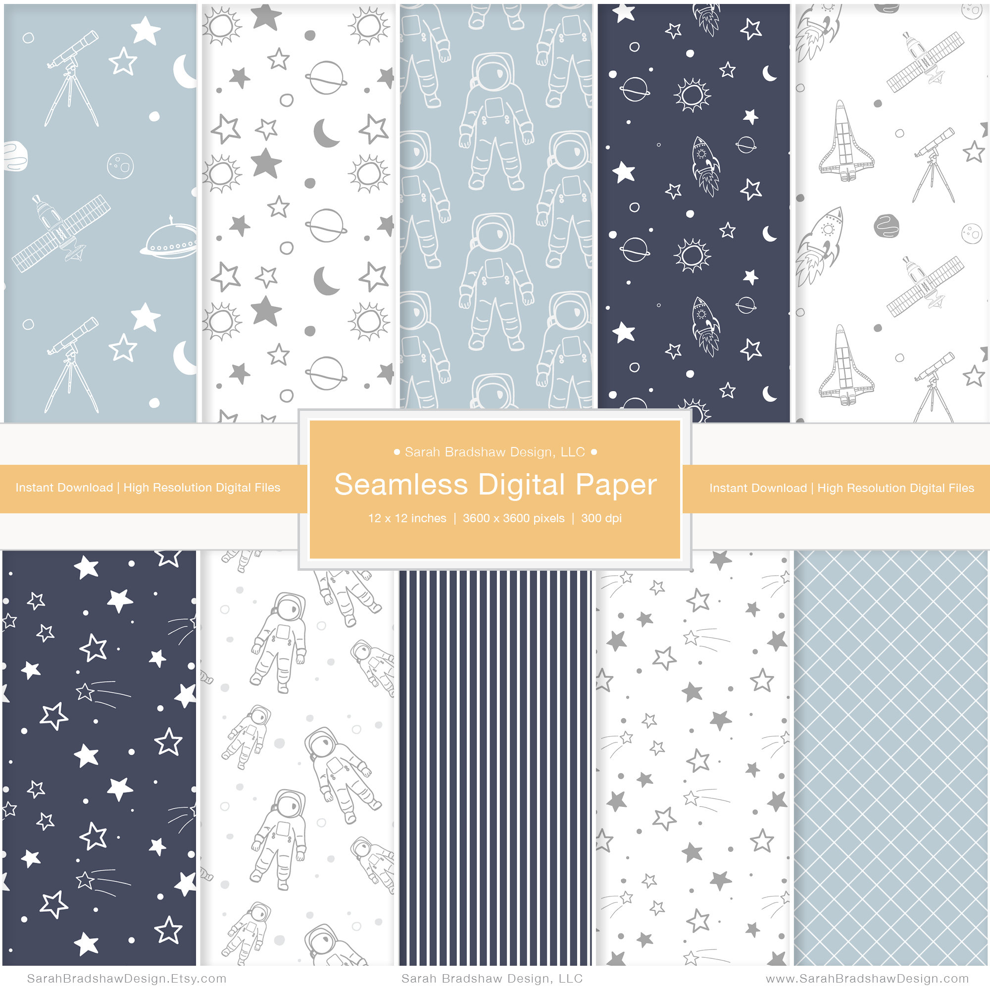 Space Exploration Digital Paper Set. Seamless Pattern. Astronaut. Solar ...