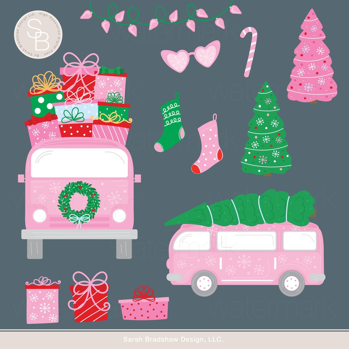 Retro Pink Christmas Clip Art: Vintage Holiday PNG JPG (instant ...