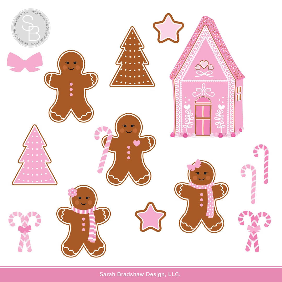 Pink Gingerbread Clip Art Set: Christmas Girls & House (digital ...