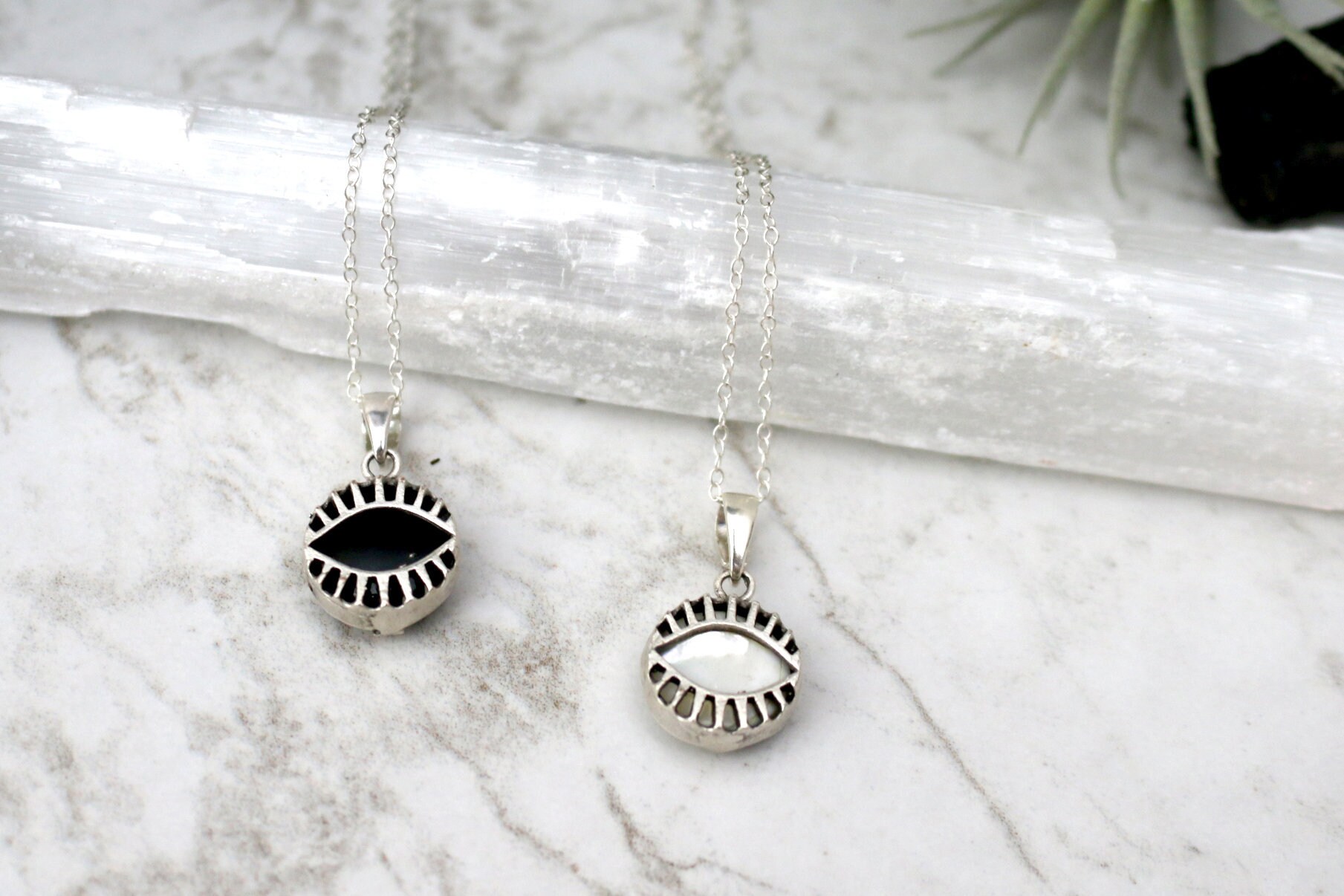 Side Eye // Black or White Silver Evil Eye Charm Necklace, Boho Jewelry ...