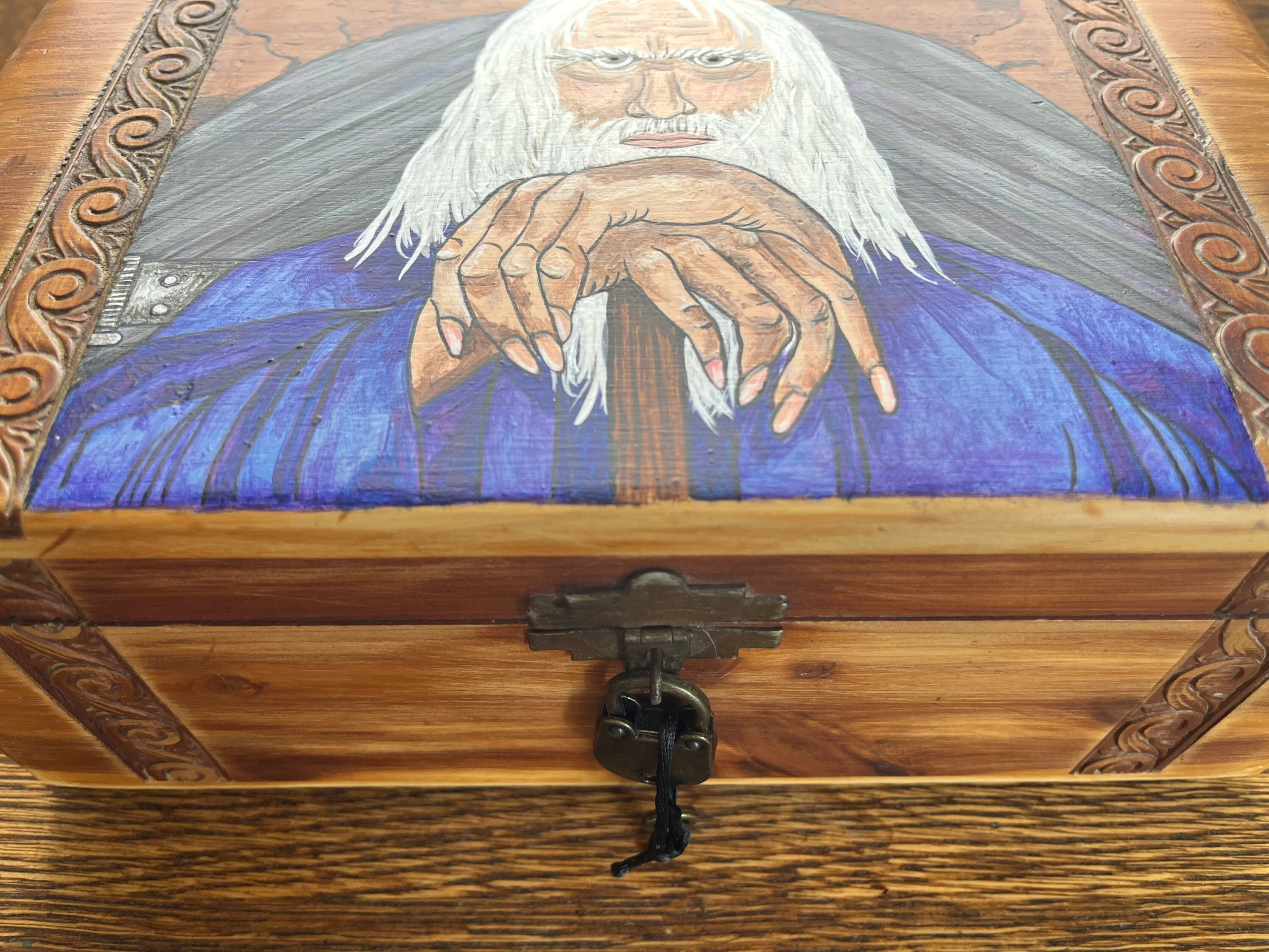 Large Vintage Cedar Box, Merlin, Wizard, Wise Man, Psalms 34:13 ...