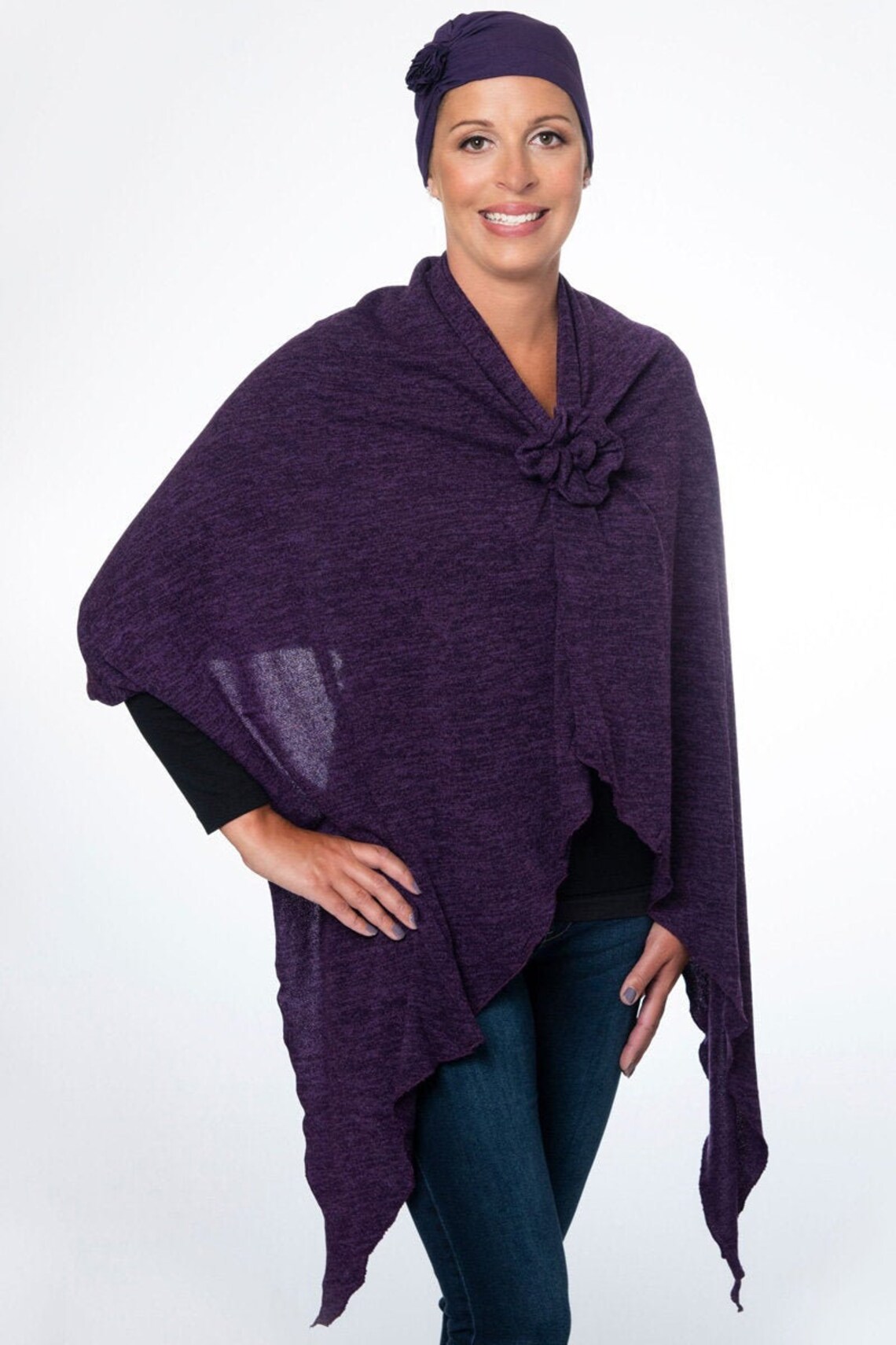 Chemotherapy Wrap | Dark Purple Knit Long Shoulder Wrap With Rosette ...