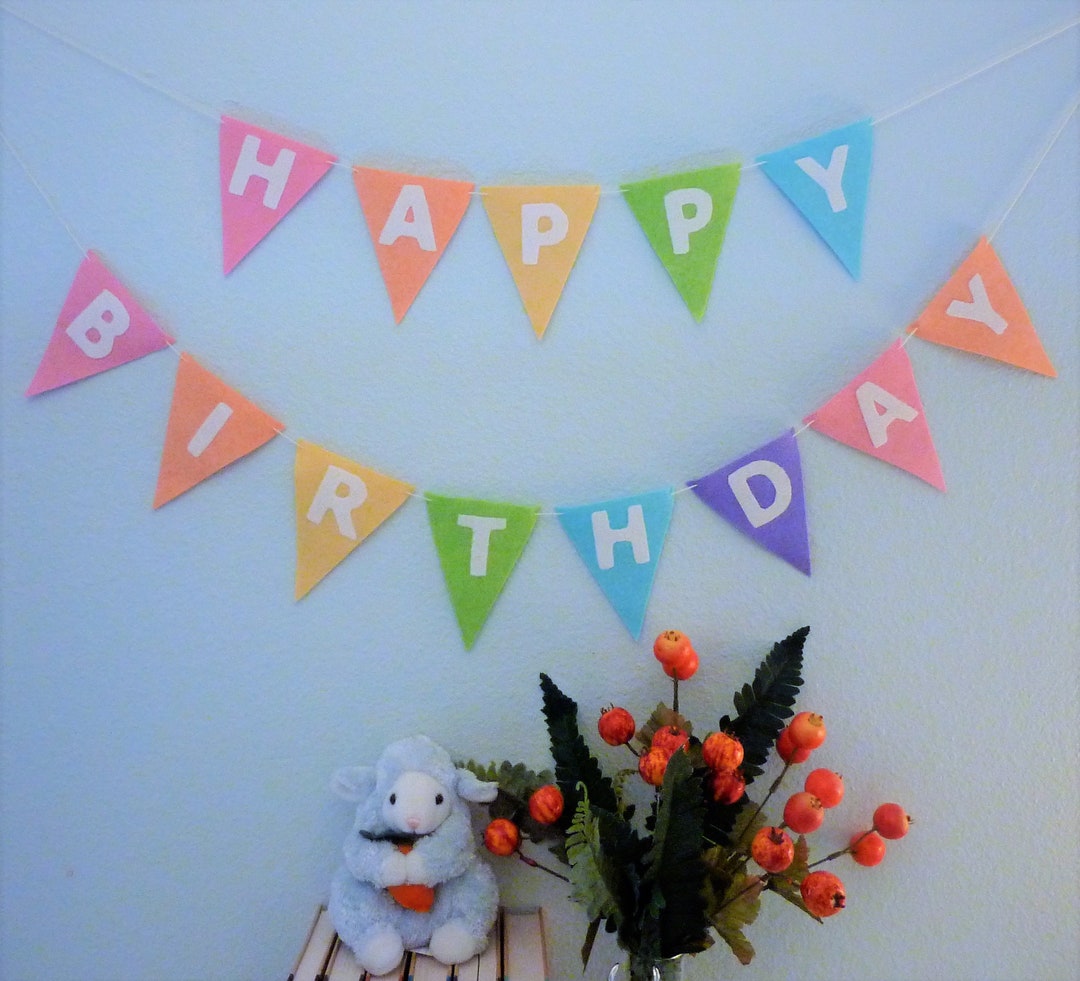 Felt Happy Birthday Rainbow Banner, Pastel Rainbow Felt Garland, Kid ...