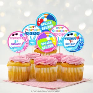 Water Slide Cupcake Toppers Editable Waterslide Birthday Cake Tags Pool ...