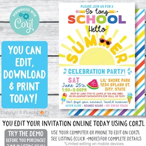 End of School Party Invitation, Hello Summer, School’s Out, Sun, Bounce ...