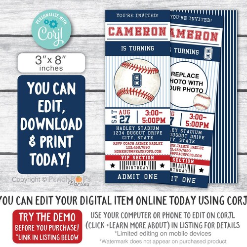 Baseball Ticket Birthday Invitation Sports Invite Party for - Etsy