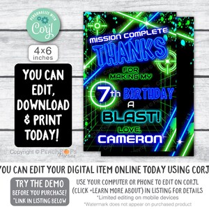 Editable Laser Tag Thank You Card Birthday Neon Gamer Party DIGITAL 4x6 ...