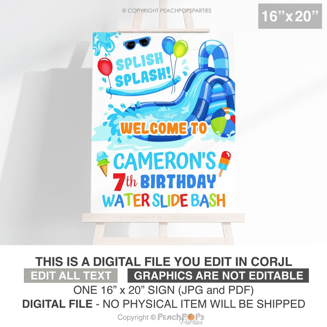 Water Slide Welcome Sign EDITABLE Blue Pool Birthday Bash Water Slide ...