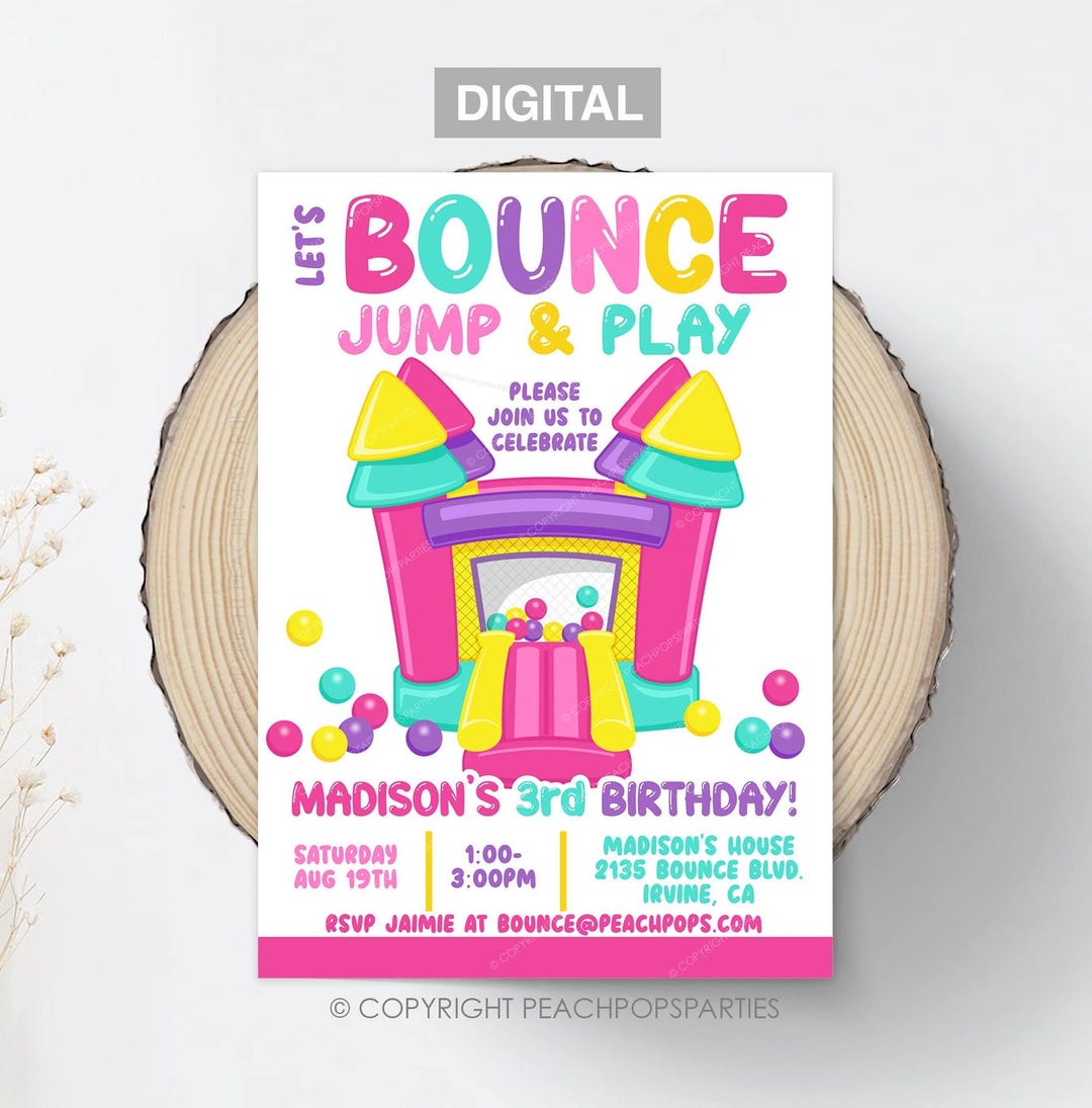 Bounce Birthday Invitation, Editable Jump Party Invite, Pink, Purple, Teal, Yellow, DIGITAL ...