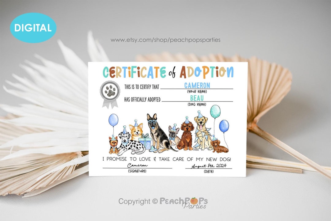 Lets Pawty Dog Adoption Certificate EDITABLE Puppy Pet Birthday Party ...