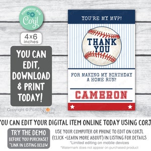 Baseball Thank You Card - EDITABLE Sports Birthday Thank You Note ...