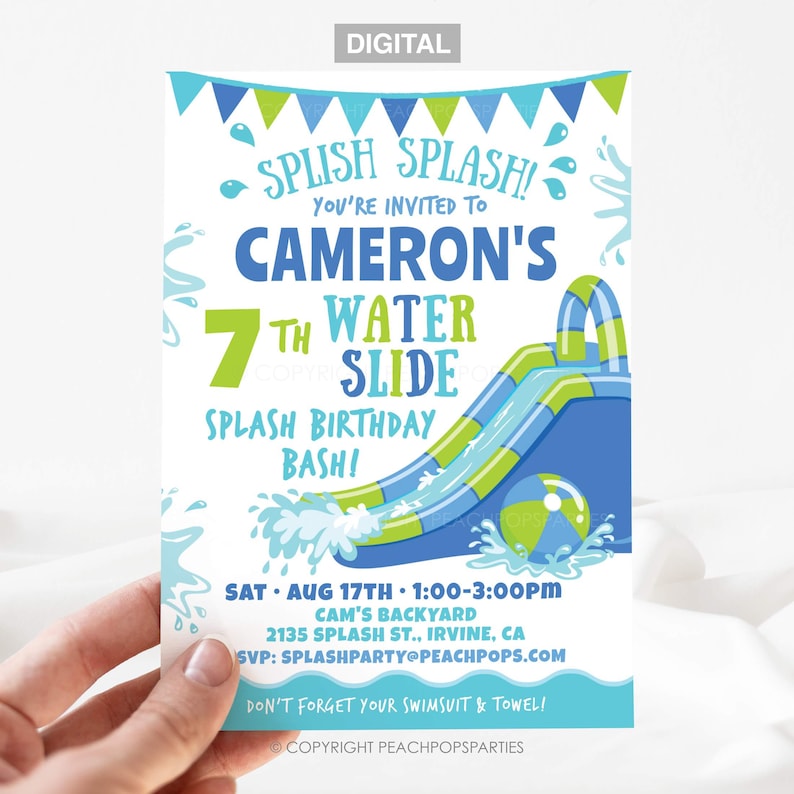 Water Slide Birthday Invitation DIGITAL Waterslide Bash Pool Party ...