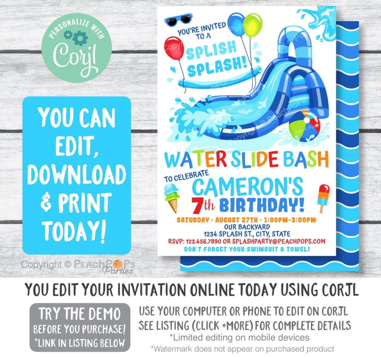 Editable Water Slide Birthday Splash Party Invitation BLUE - Etsy