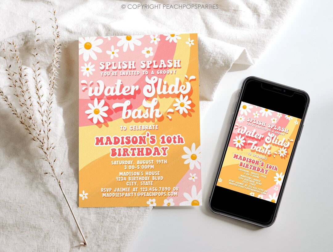 Editable Retro Water Slide Invitation Waterslide Birthday Invite Summer ...