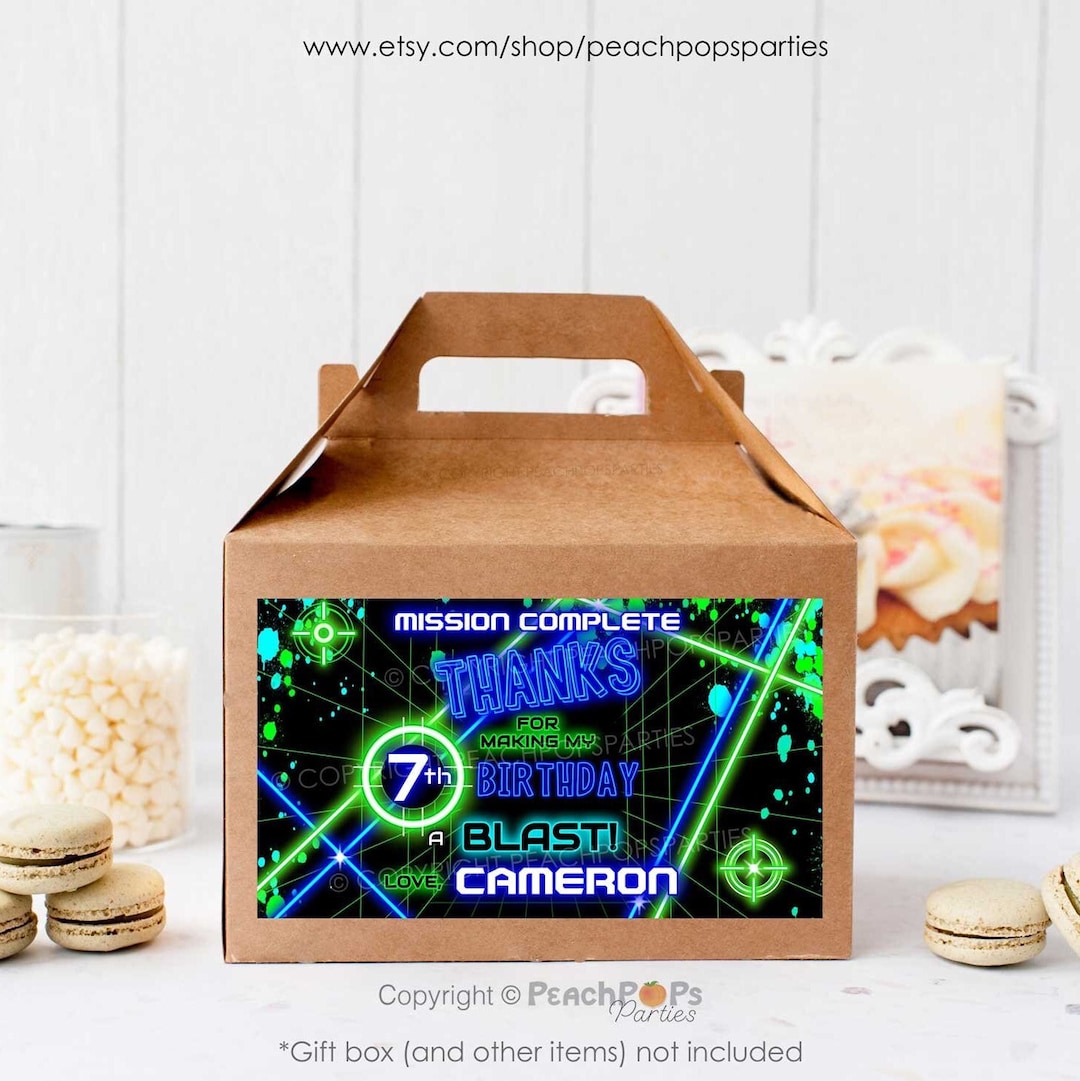 Laser Tag Gable Box Label EDITABLE Birthday Gift Label Party Neon Glow ...