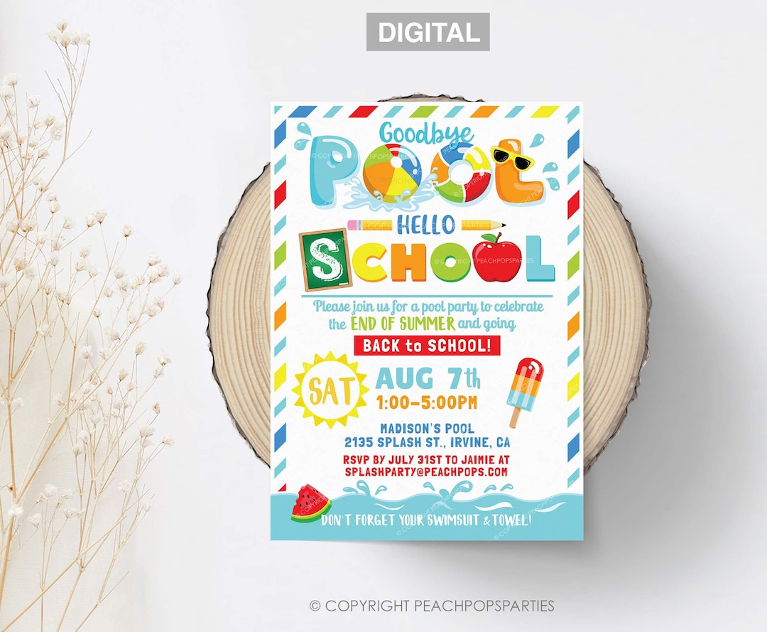 End of Summer Pool Party Invitation, Back to School Summer Splish ...